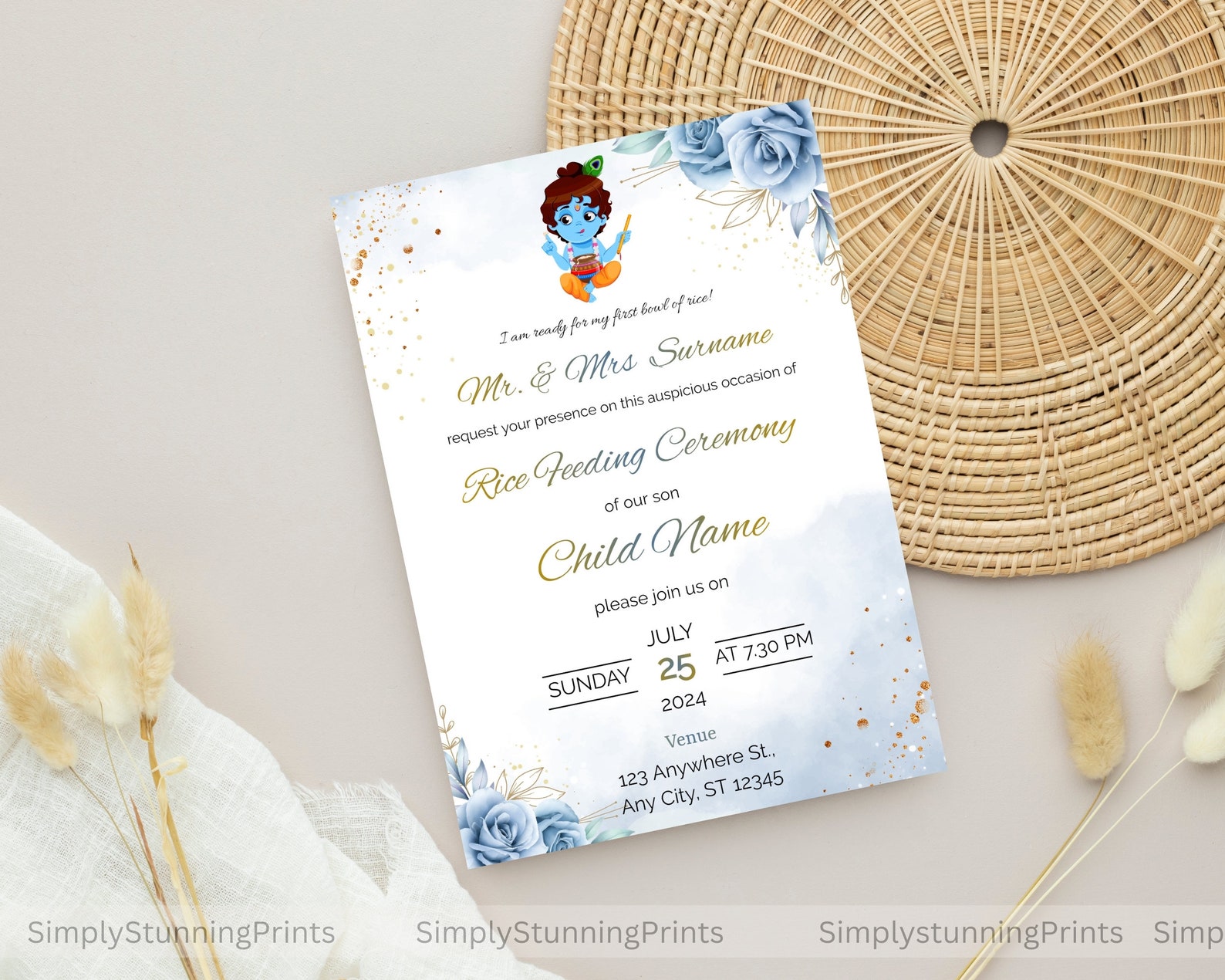 Rice Feeding Digital Invitation Card Boy Blue Floral Weaning Invitation ...
