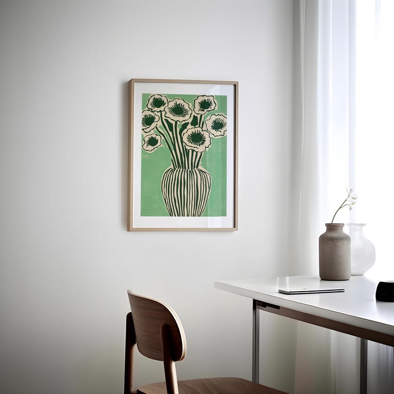 Green Floral Vase Art Print: Abstract Poppy, Modern Botanical Decor ...
