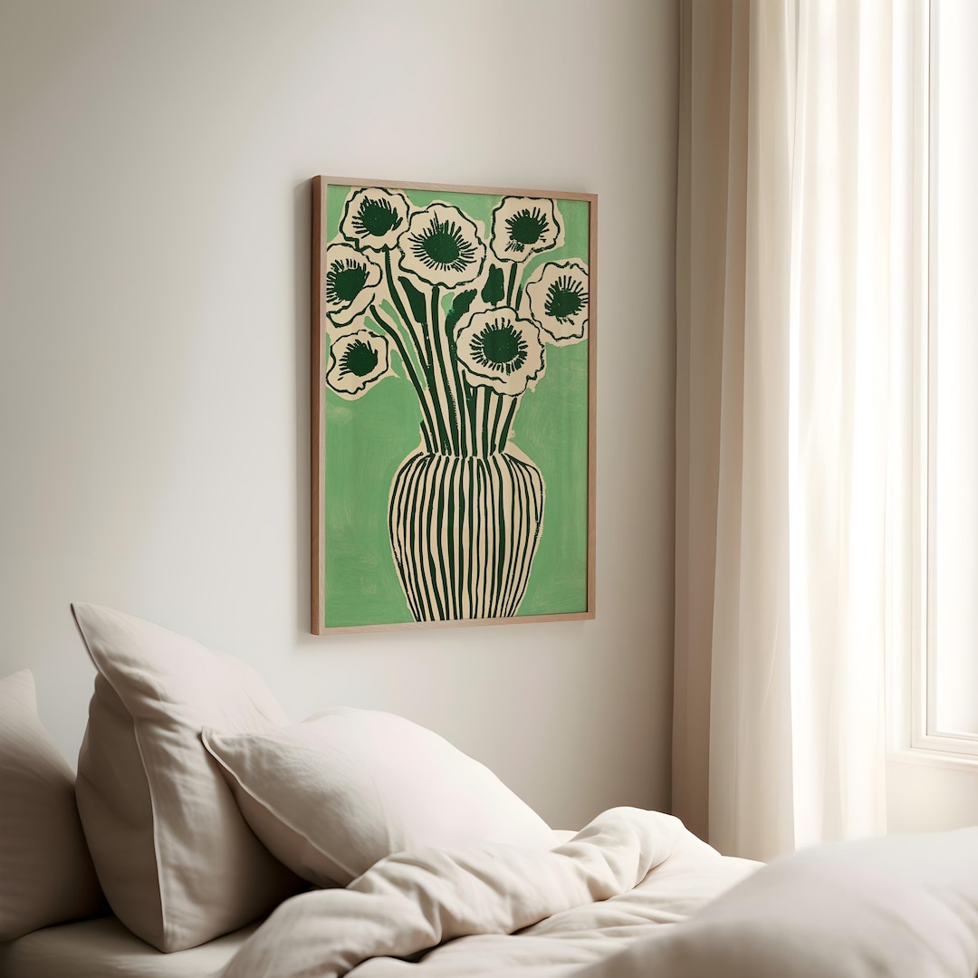 Green Floral Vase Art Print: Abstract Poppy, Modern Botanical Decor ...