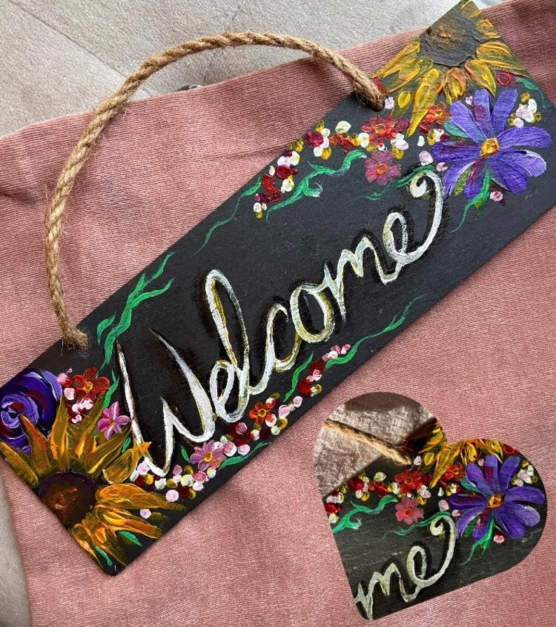 Custom Hand Painted Welcome Sign Hanging Slate, Garden Decor, Outdoor ...