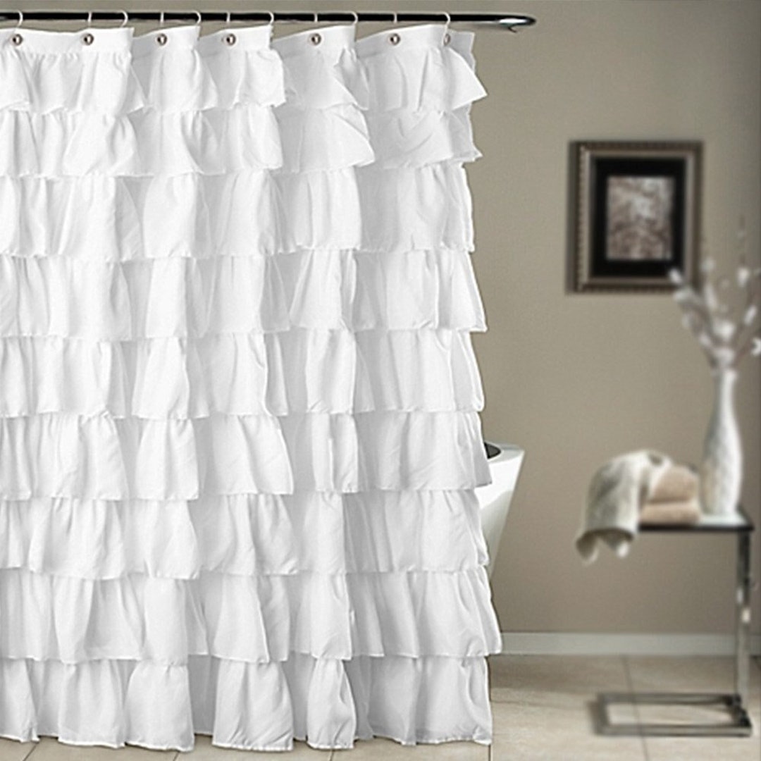 White Shower Curtain, Ruffled Farmhouse Shower Curtain, White Frilly ...