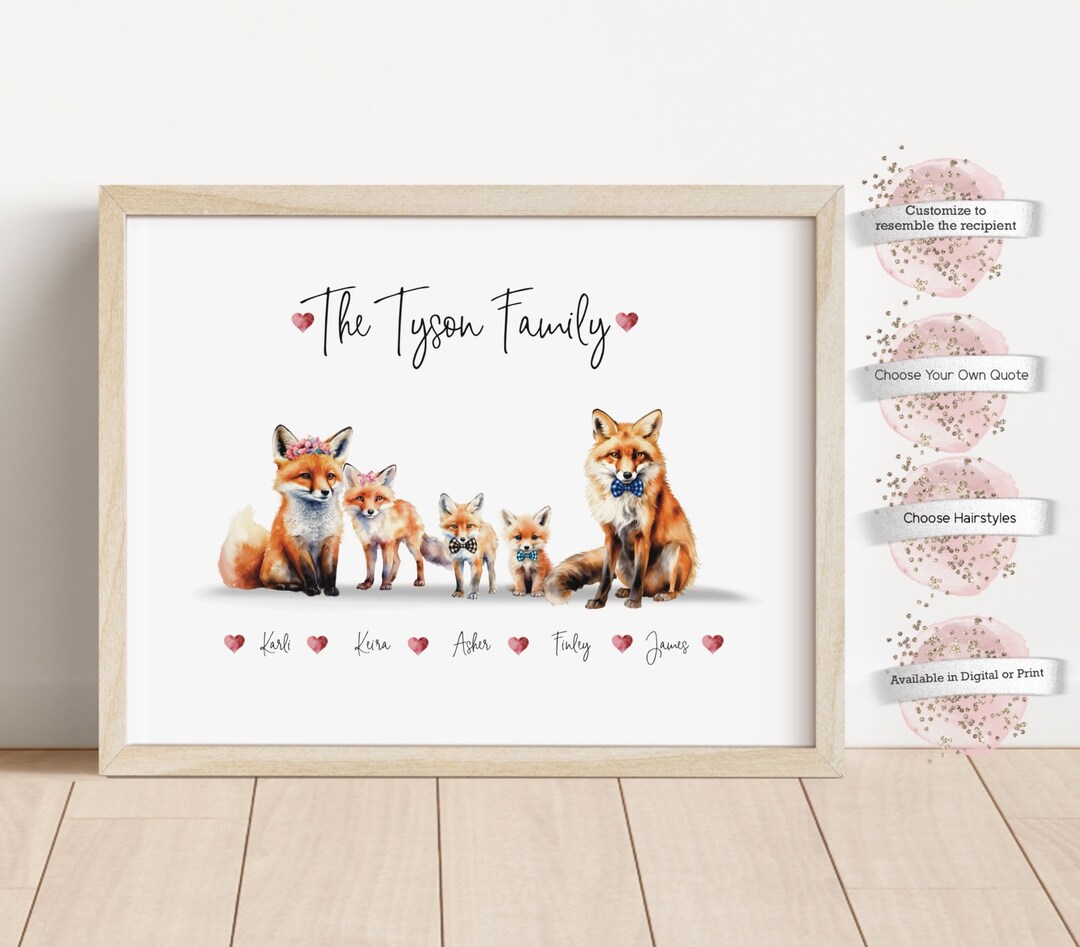 Personalized Fox Family Print, Fox Grandkids, Personalized Family ...