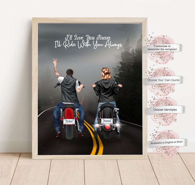 Personalized Biker Couple Print, Motorcycle Riders Gift (digital or ...
