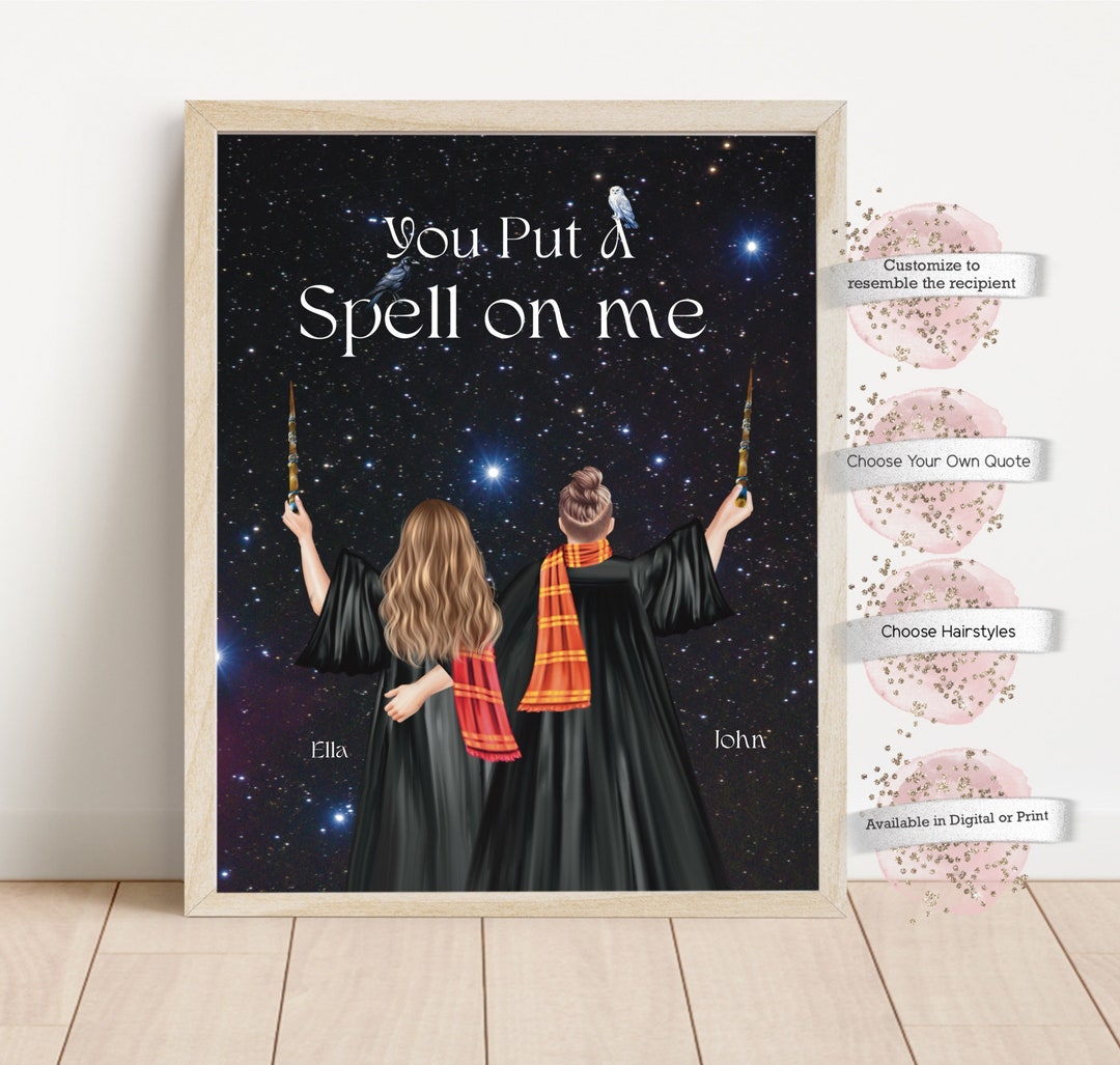 Wizard Couple Portrait, Wizard School Couples Gift, Personalized Wizard ...
