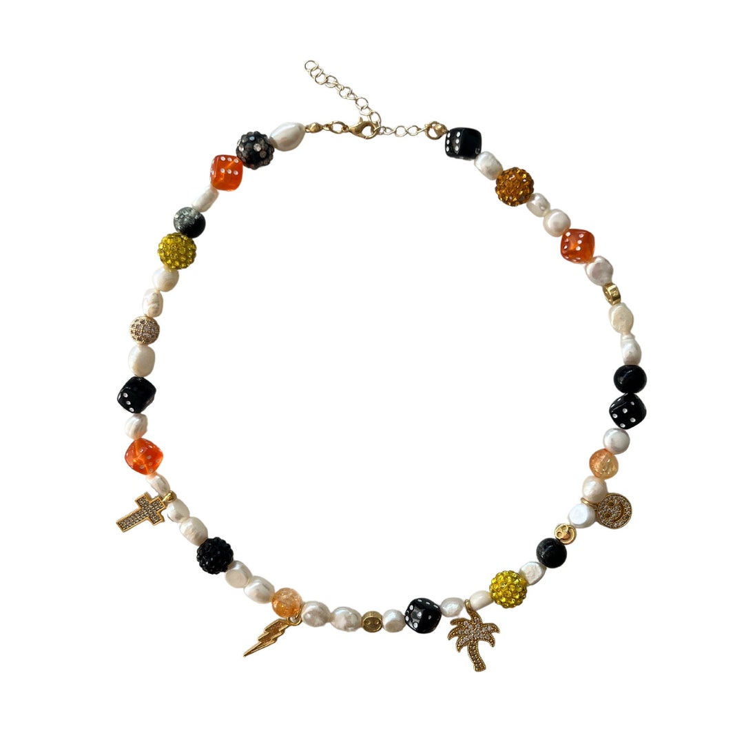 Pearl Pendant Necklace Black Orange Yellow Smiley Face Palm Tree Cross ...