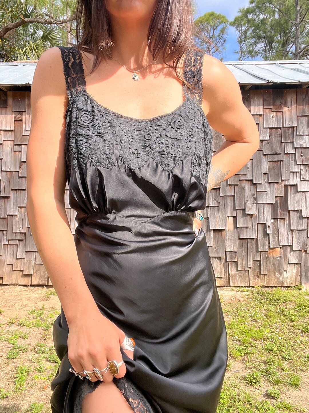 Vintage Black Magic Satin Lace Slip Dress - Etsy