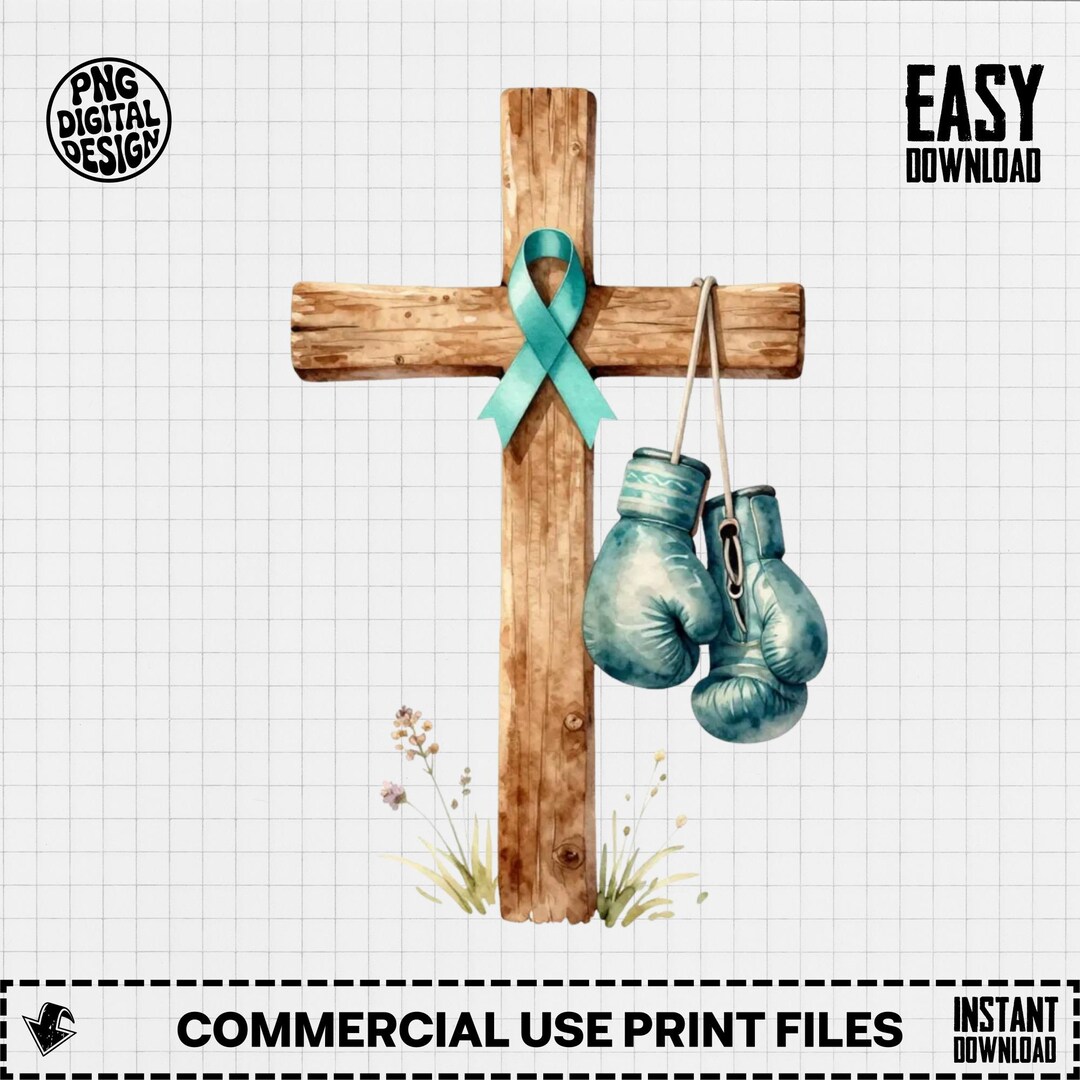 Teal Ribbon Boxing Gloves on Cross, Ovarian Cancer Awareness (digital ...