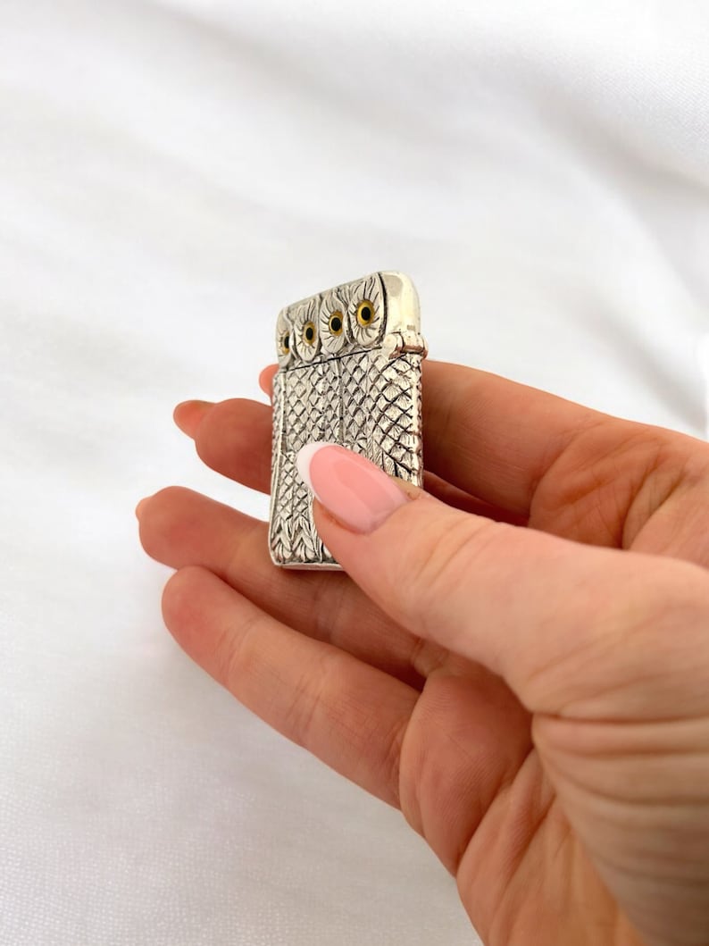 Silver Owl Vesta Case With Glass Eyes – Match Safe & Striker, Novelty ...