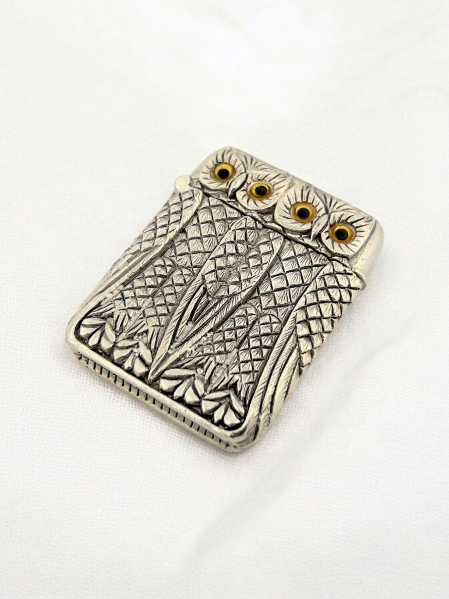 Silver Owl Vesta Case With Glass Eyes – Match Safe & Striker, Novelty ...