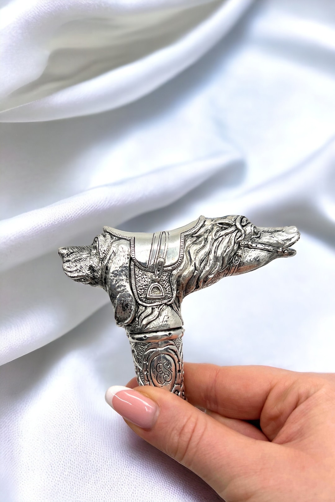 Silver Cane Handle Top in the Shape of a Double Horse Dog Head Design ...