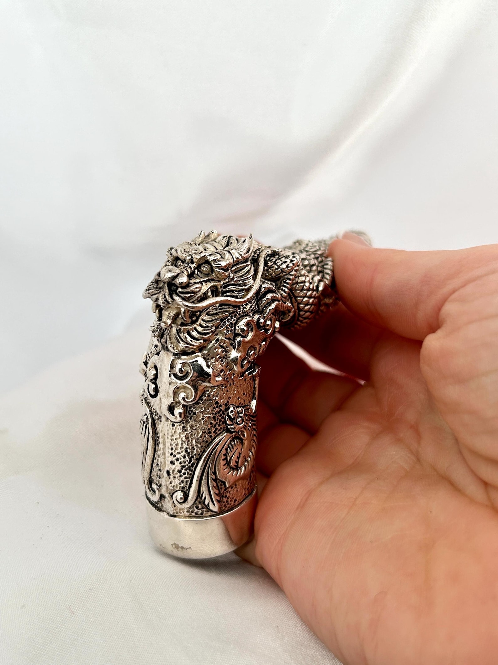Silver Cane Handle Top in the Shape of a Dragon Design, Double Faced ...