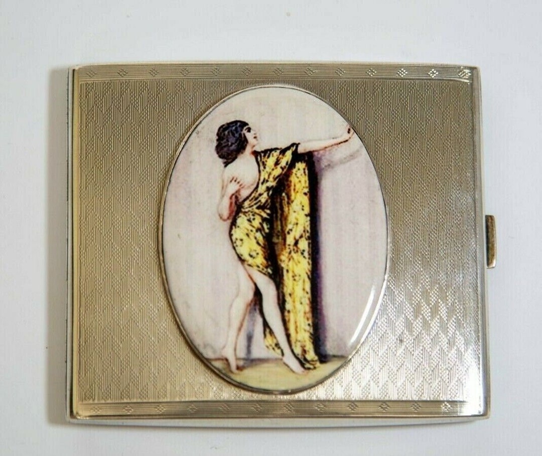 1926 Antique Solid Silver Cigarette Case Nude Lady in Yellow - Etsy