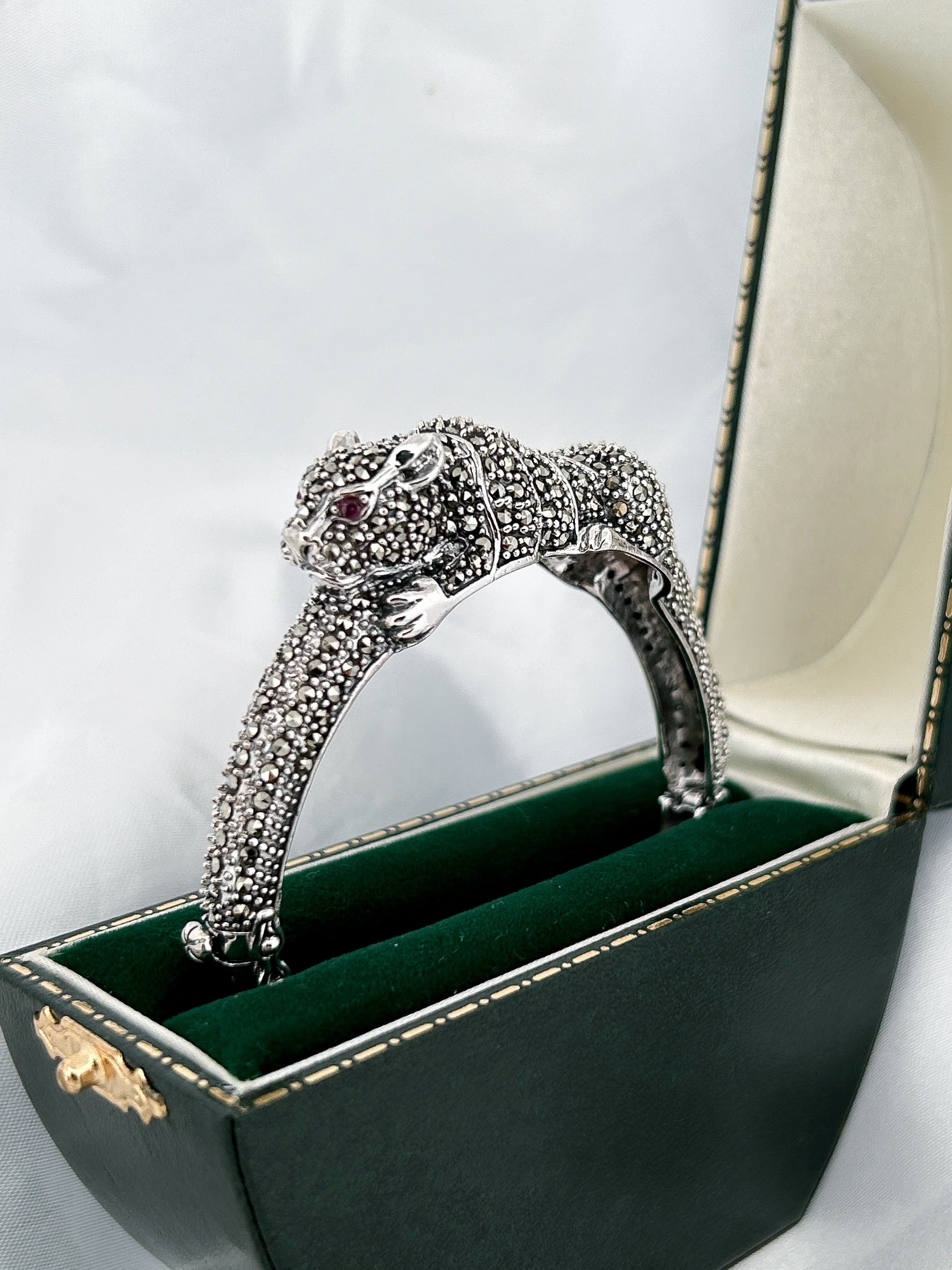 Solid Silver Panther Bangle Bracelet With Marcasites and Rubies - Etsy