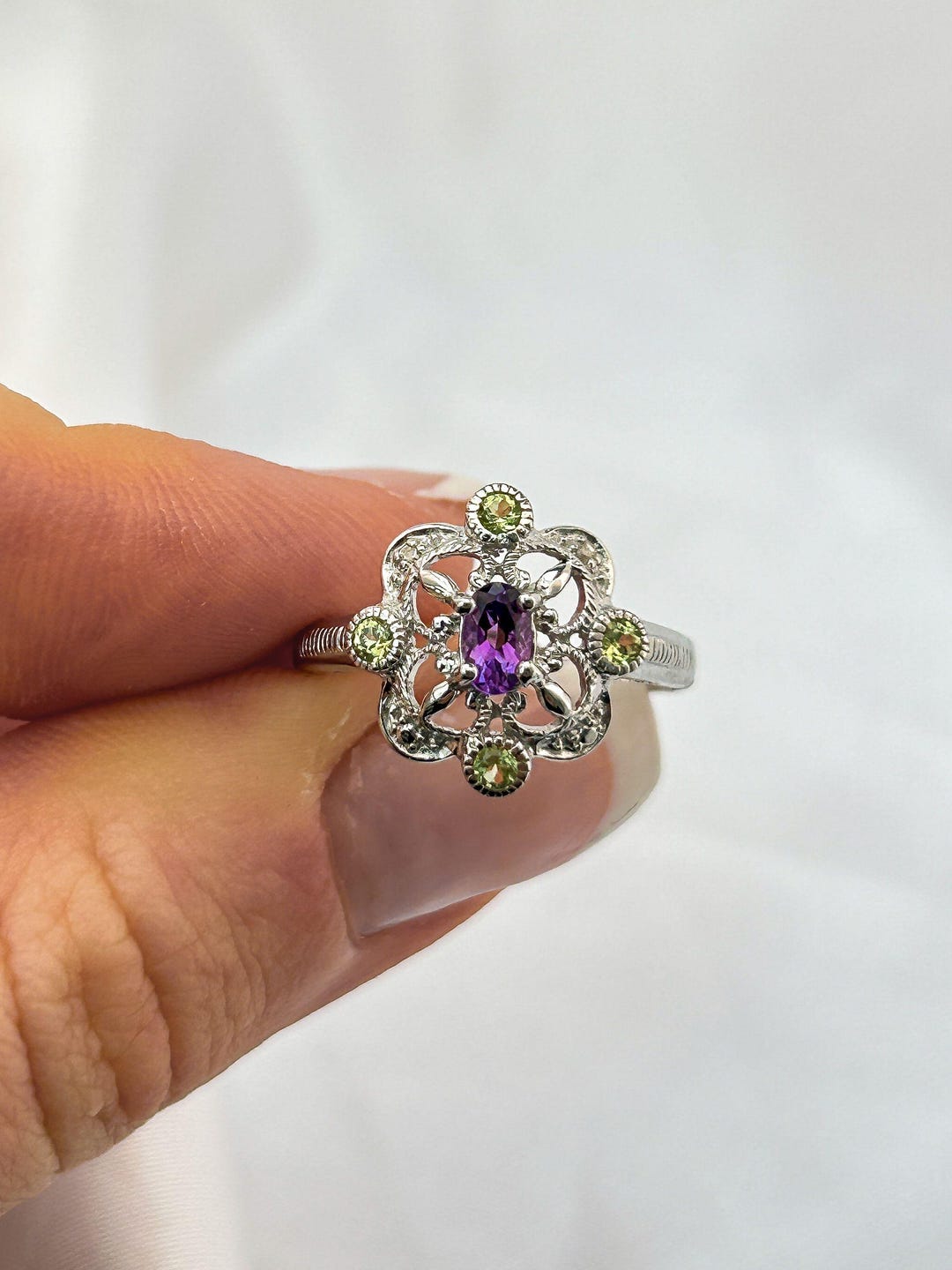 Silver Suffragette Victorian Style Open Framework Ring With Amethyst ...