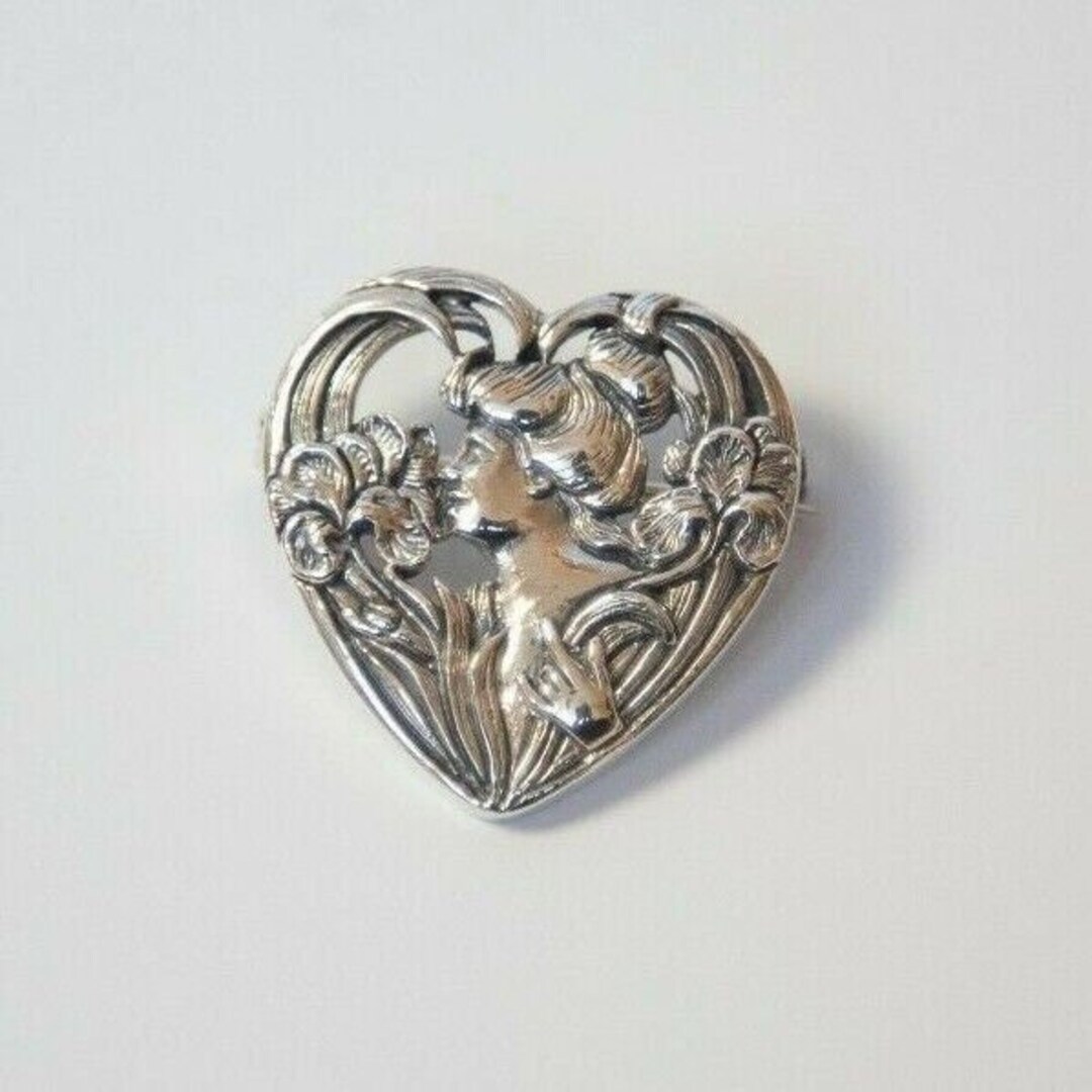 Art Nouveau Sterling Silver Lady Brooch, Heart Floral Pin - Etsy