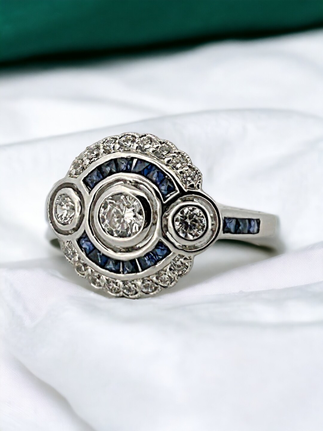 Art Deco Style Solid Silver Blue Cubic Zirconia Ring, Round Shape Ring ...
