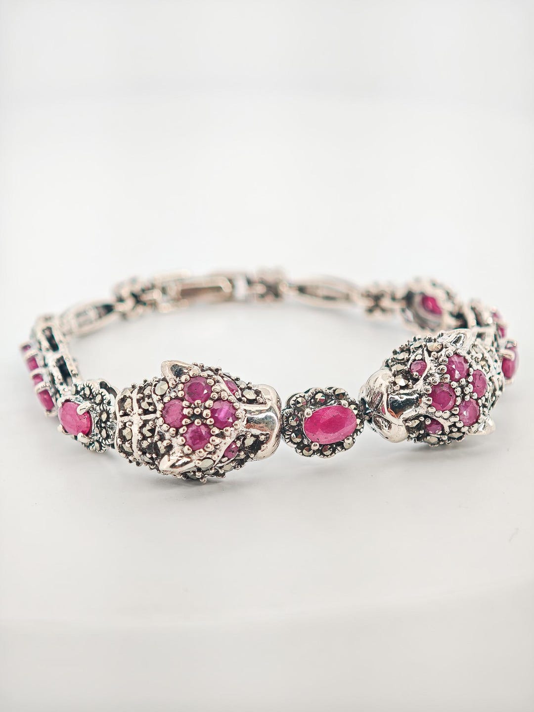 Sterling Silver Ruby & Marcasite Panther Bracelet – 925 Solid Silver ...