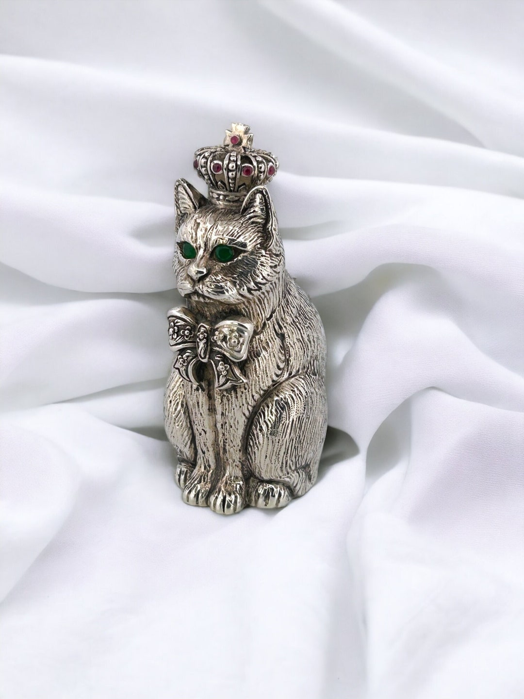 Large Silver Plated Cat Figure With a Ruby Crown and Emerald Green Eyes ...
