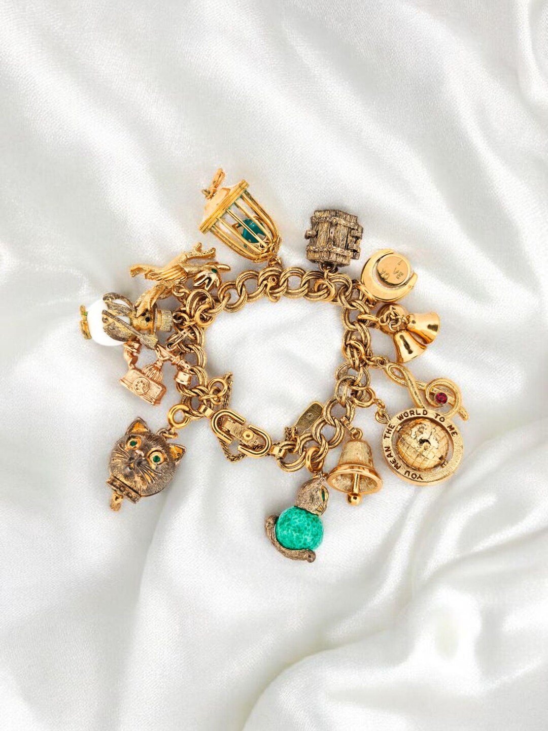Vintage Monet Charm Bracelet With 12 Charms, Signed Gold-tone Jewelry ...