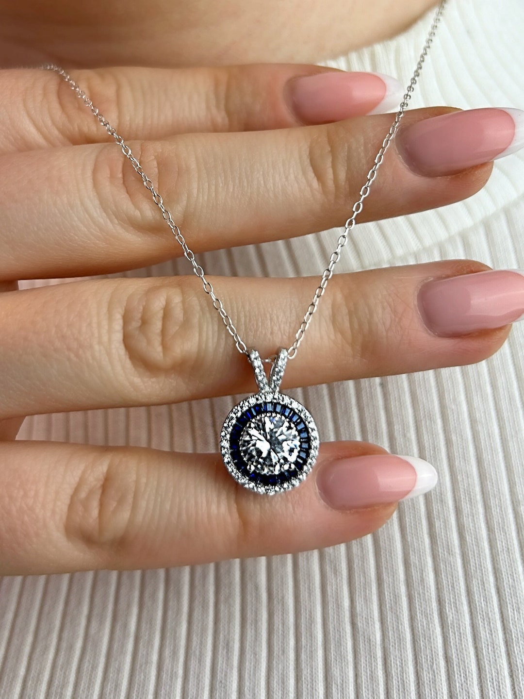 Fine Silver Blue Necklace, Handmade Silver Cubic Zirconia Elegant Gift ...