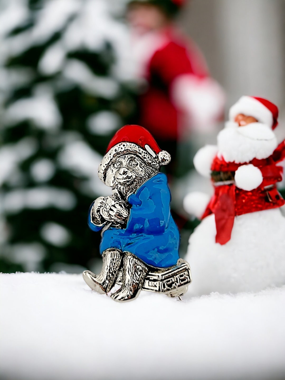Silver Paddington Bear in Nightcap Brooch With Santa Hat in Blue Enamel ...