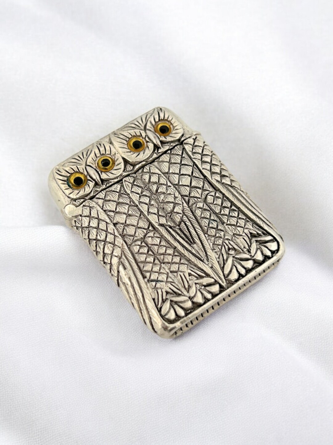 Silver Owl With Glass Eyes Novelty Vesta, Match Safe, Match Striker ...