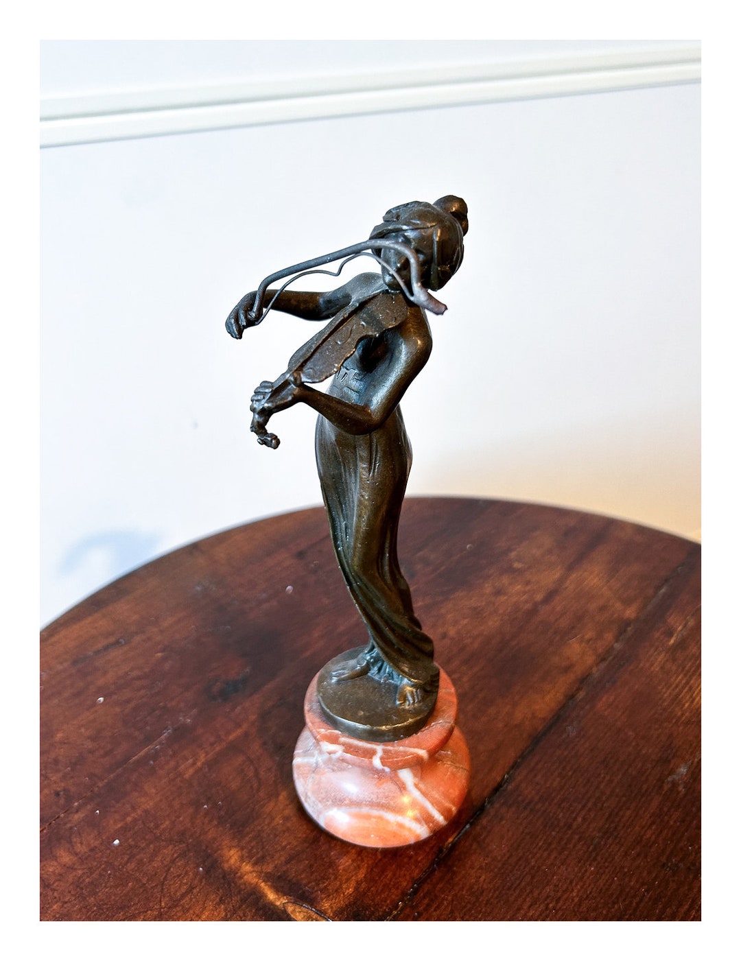 Art Noveau Marble Violinist Sculpture, Bronze Woman in Dress With ...