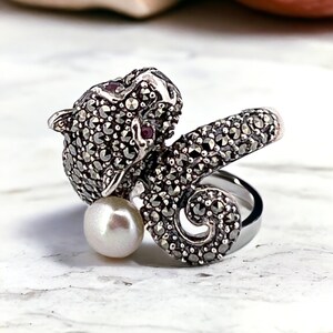 Solid Silver Panther Ring With Marcasites, Rubies and Pearl, Big Cat ...