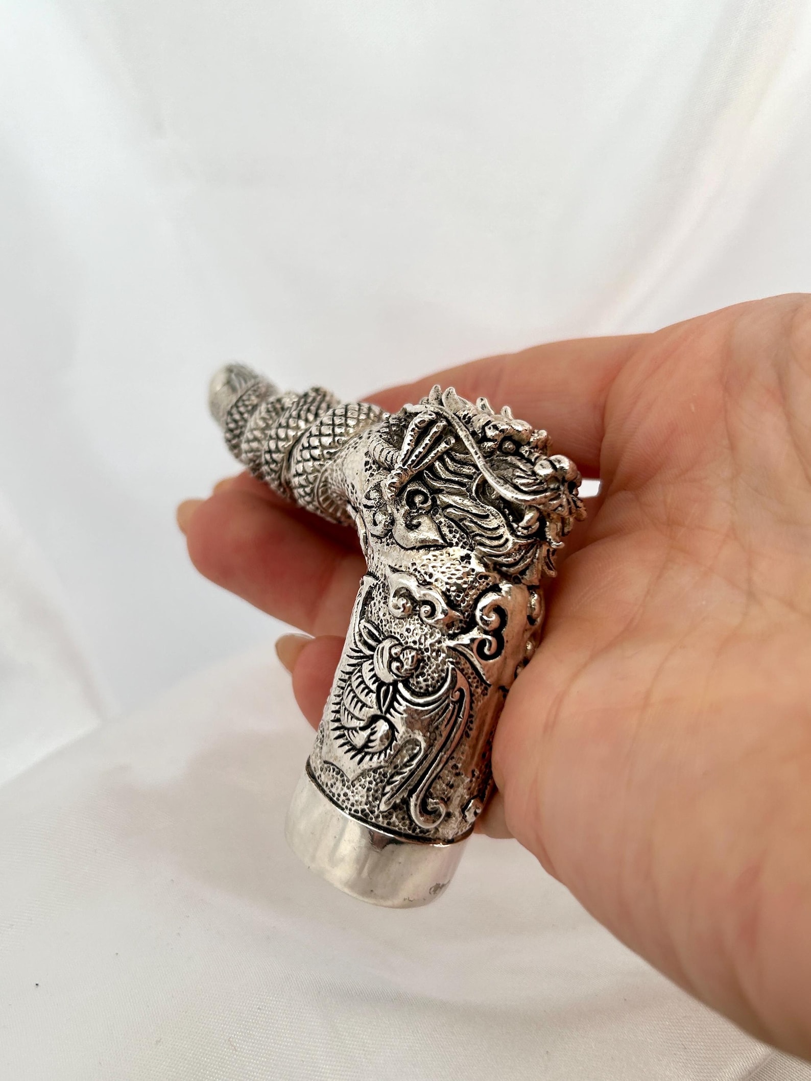 Silver Cane Handle Top in the Shape of a Dragon Design, Double Faced ...