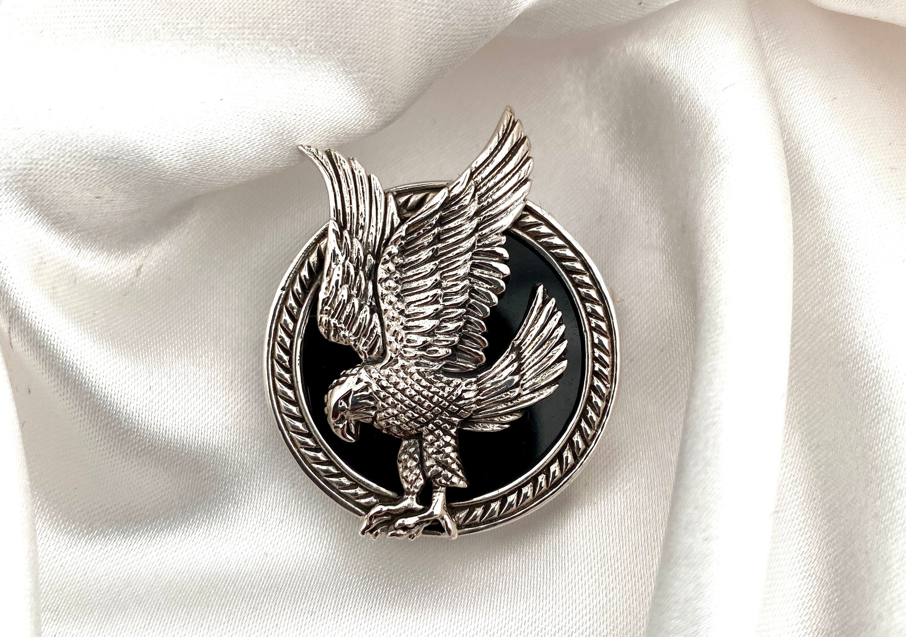 Silver Eagle Pin, Victorian Style Brooch, Oynx Bird of Prey Pin ...