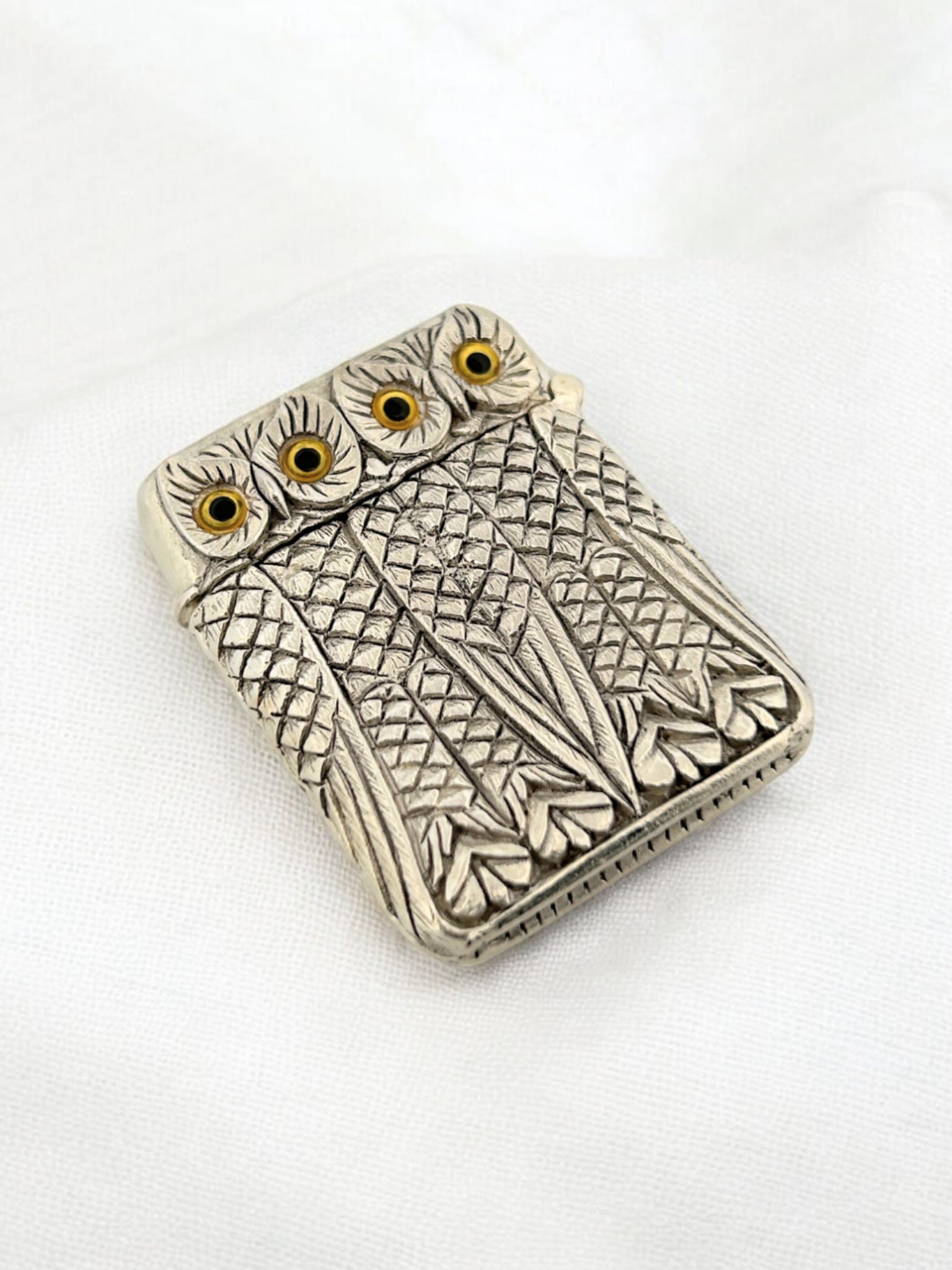 Silver Owl Vesta Case With Glass Eyes – Match Safe & Striker, Novelty ...