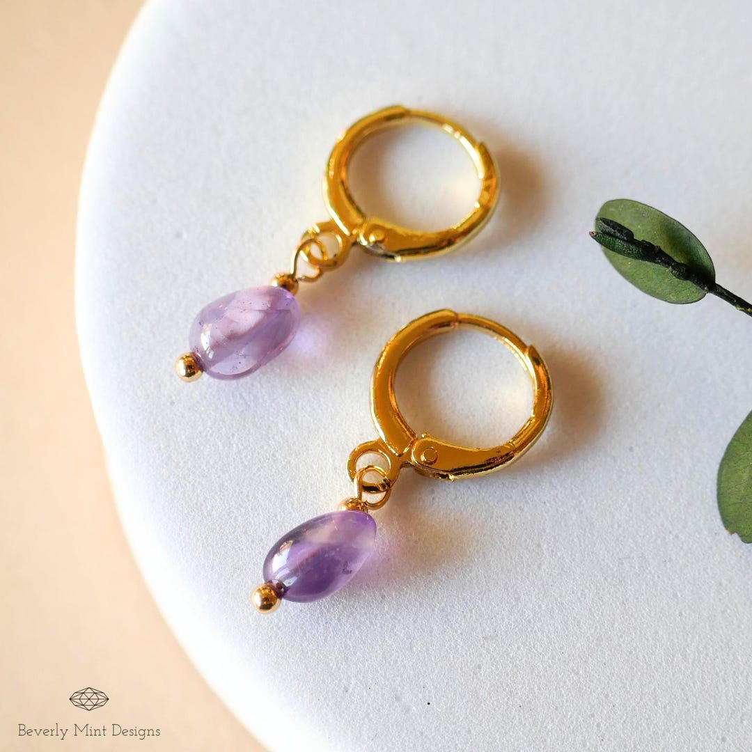 Delicate Gold Hoop Earrings With Amethyst Drops, Minimalist Birthstone ...