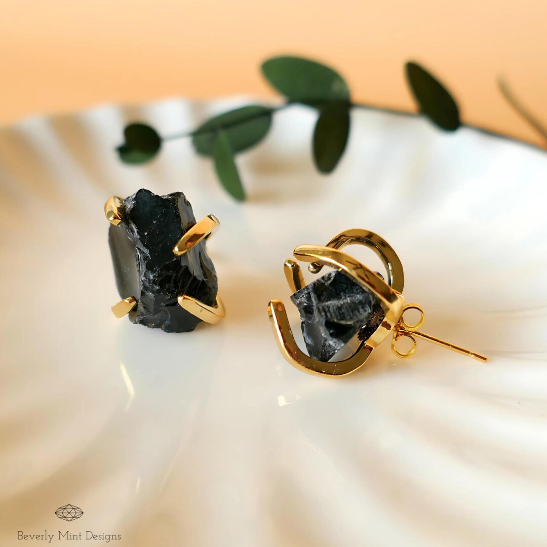 Obsidian Stud Earrings With 18K Gold, Black Stone Earrings, 1/2 -3/4 ...