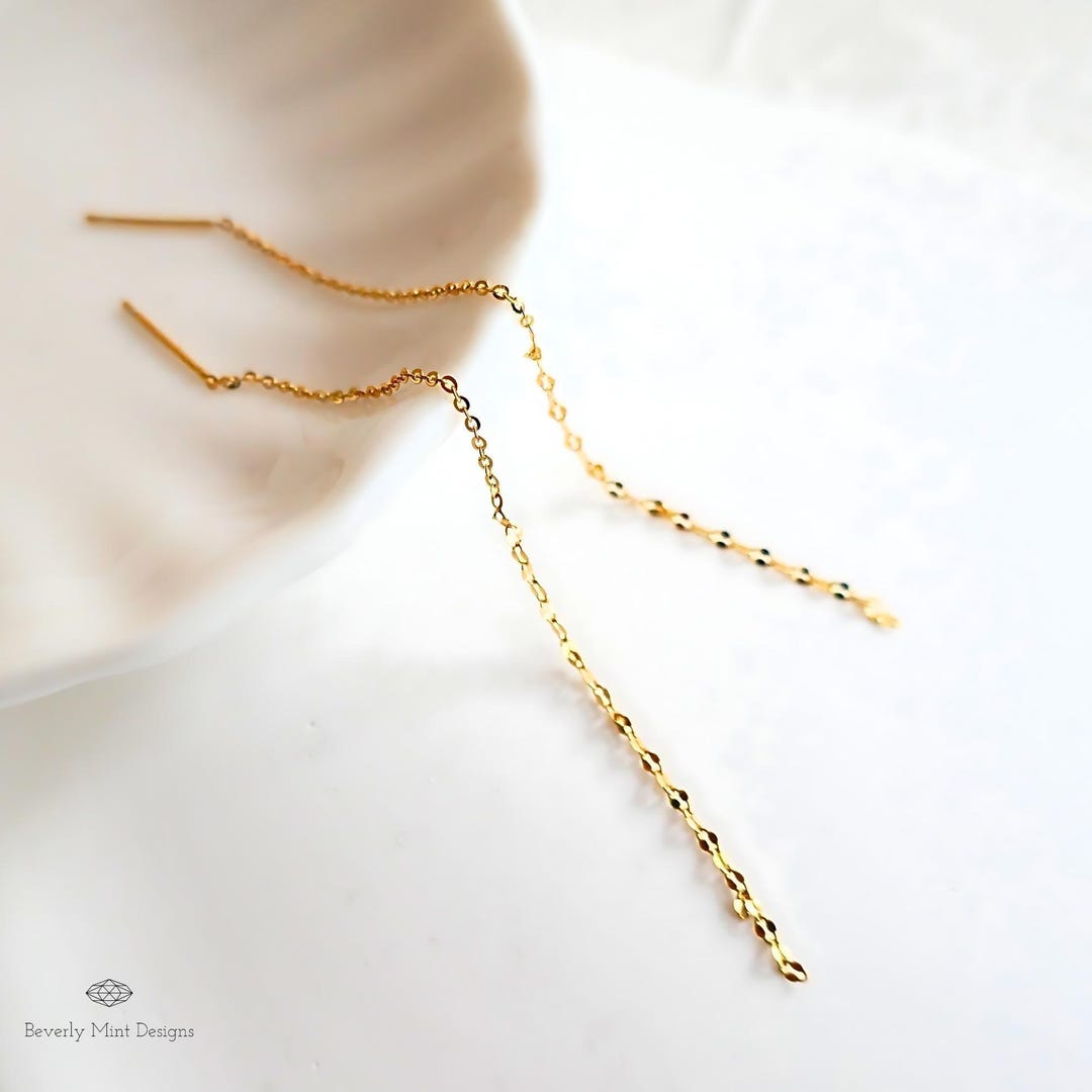 14K Gold Threader Earrings, Gold Tassel Earrings, Threader Earrings ...