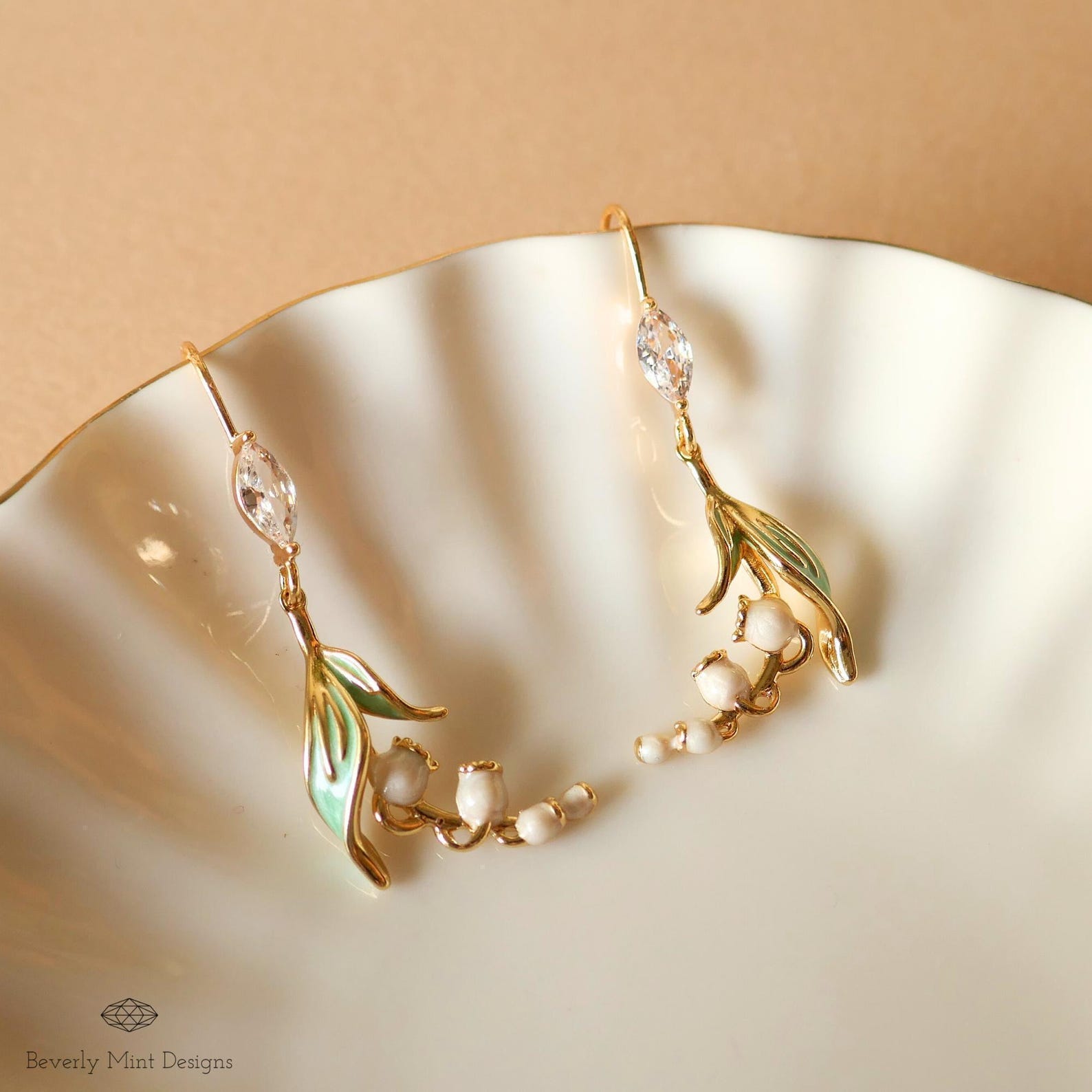 Floral Dangle Earrings, Gold Lily of the Valley Earrings, Birth Flower ...