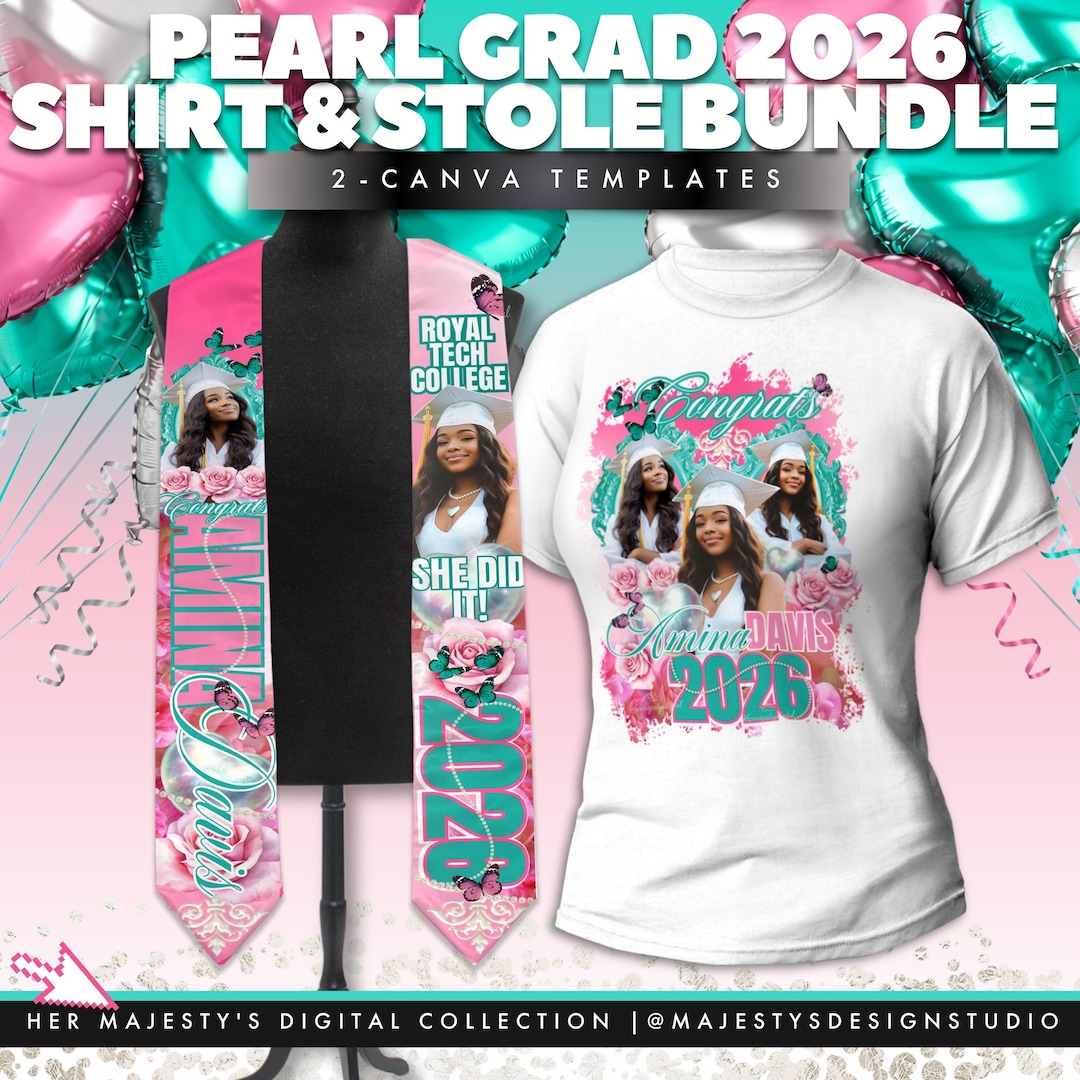 Pearl Floral Grad 2026 Shirt & Stole Canva Template: Graduation Design ...