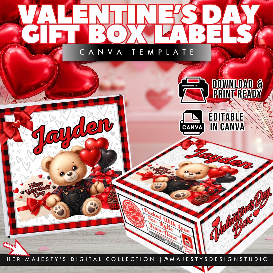 Valentine's Day Gift Box Labels – Teddy Bear Canva Template (digital ...