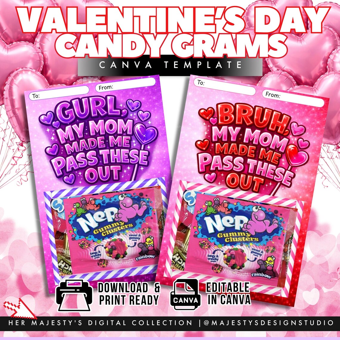 Funny Valentine Candy Gram Cards - Boy + Girl Designs Editable Canva ...