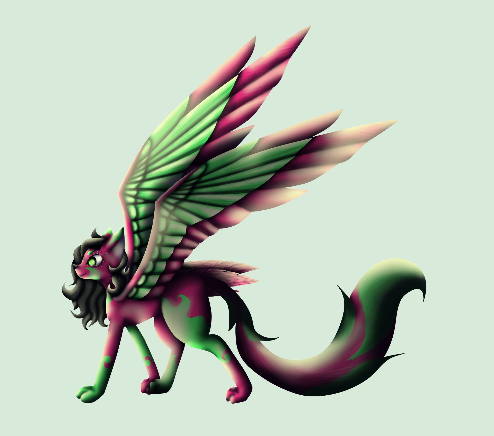 Black And Green Anime Wolf With Wings