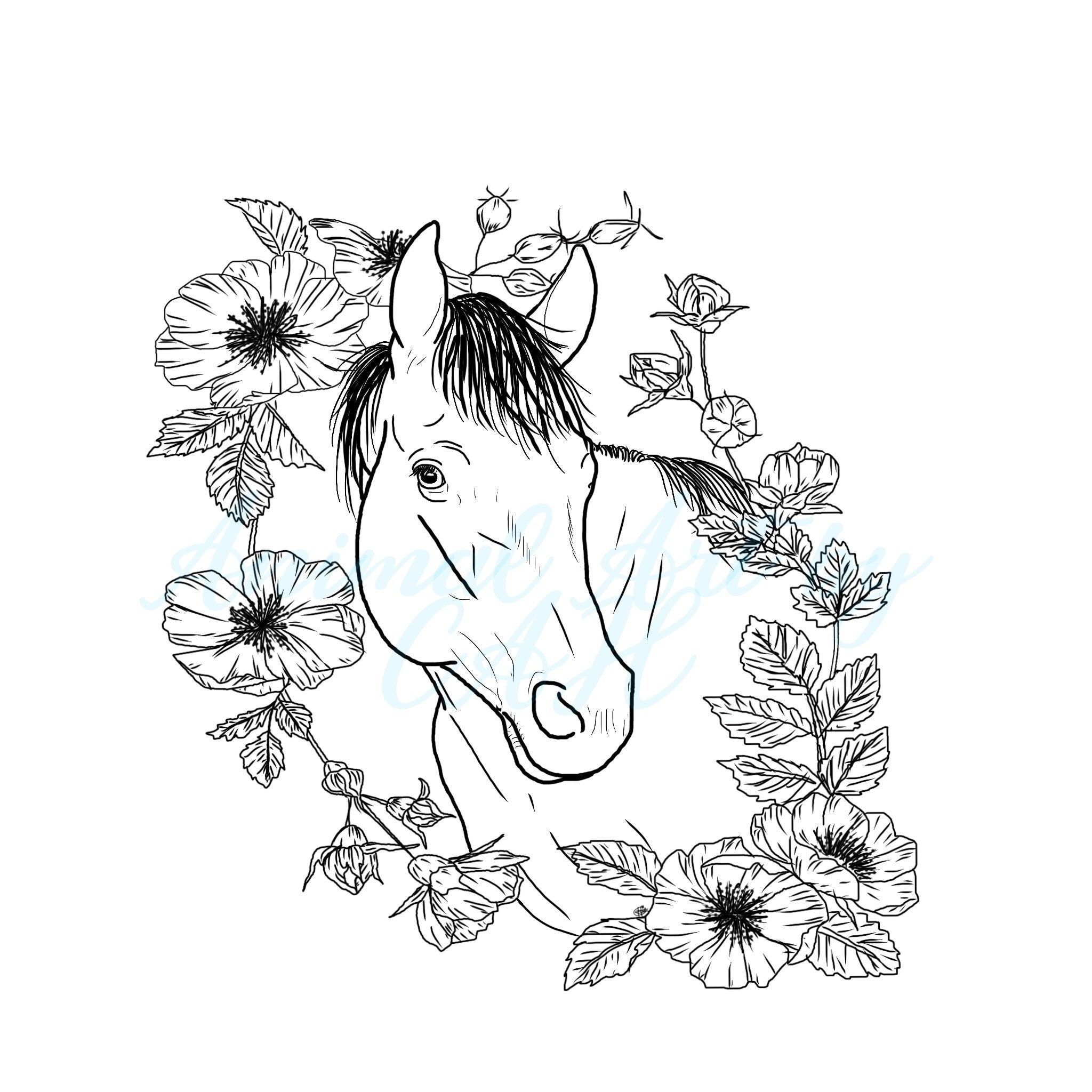 Horse Coloring Page Flowers Digital Download - Etsy