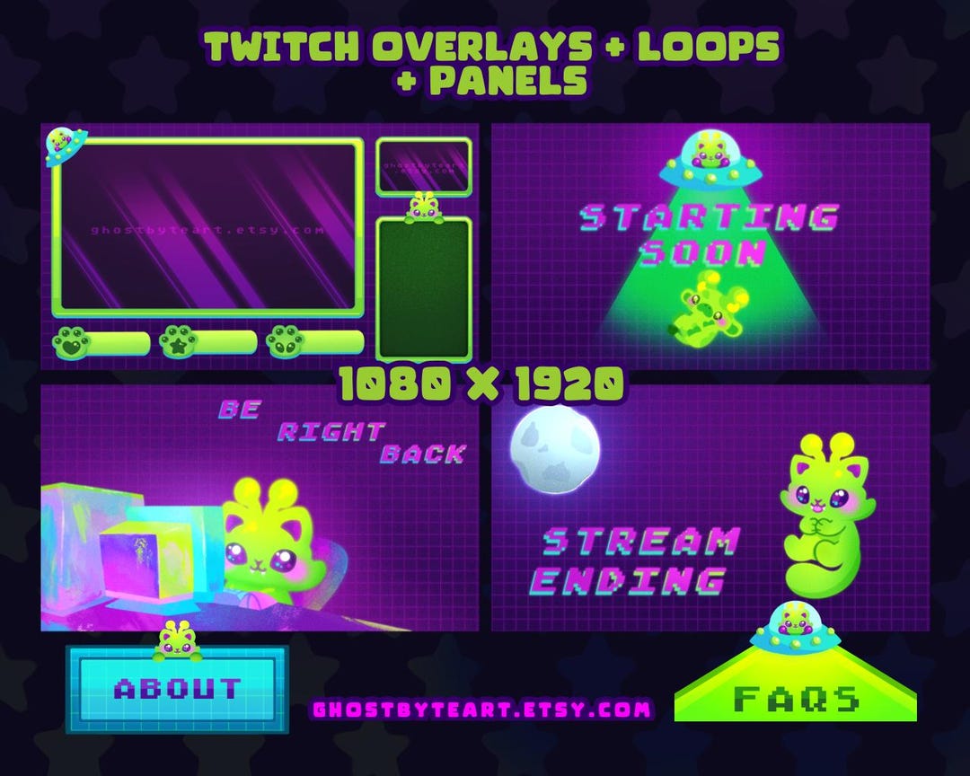 Alien Cat Stream Package: Twitch Overlay, Loops, Panels (digital ...