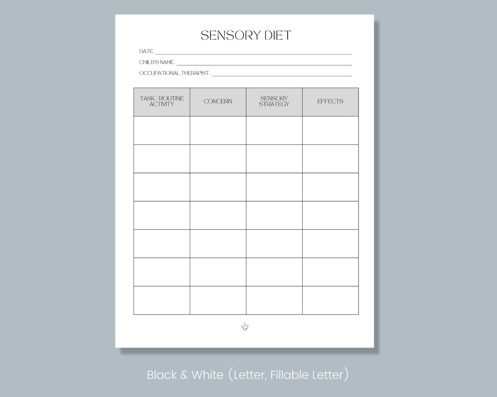 Occupational Therapy Sensory Diet Worksheet Template | OT Minimal Style ...