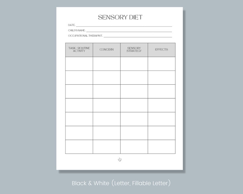 Occupational Therapy Sensory Diet Worksheet Template | OT Minimal Style ...
