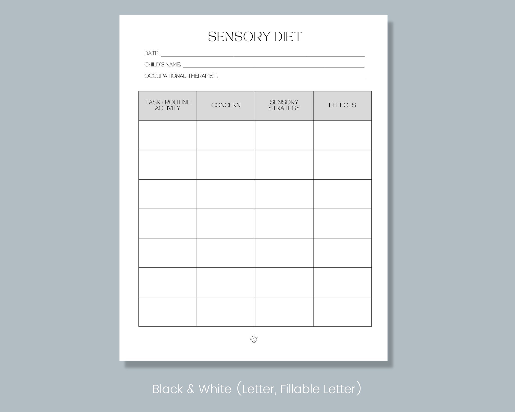 Occupational Therapy Sensory Diet Worksheet Template | OT Minimal Style ...