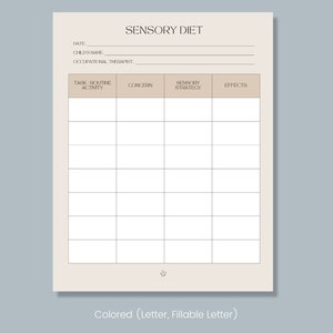 Occupational Therapy Sensory Diet Worksheet Template | OT Minimal Style ...