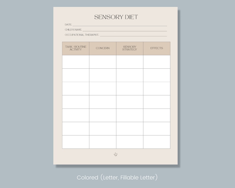 Occupational Therapy Sensory Diet Worksheet Template | OT Minimal Style ...
