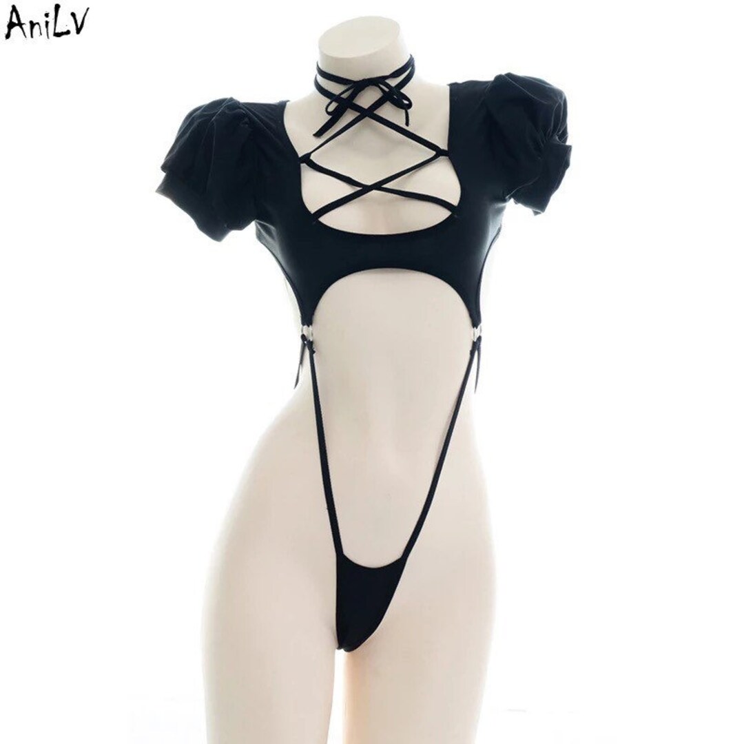 Sexy Anime Puff Sleeve Black One Piece Lingerie Thong Sexy Etsy