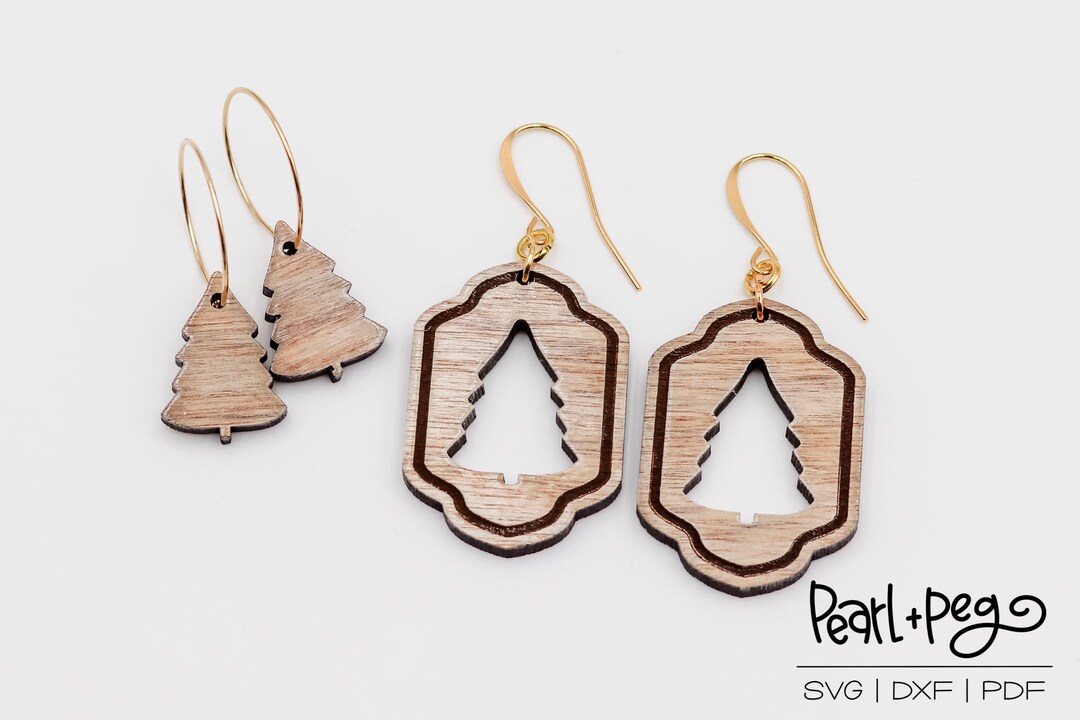 Bordered Tree Christmas Tree Laser Engraved Earrings Digital Download ...