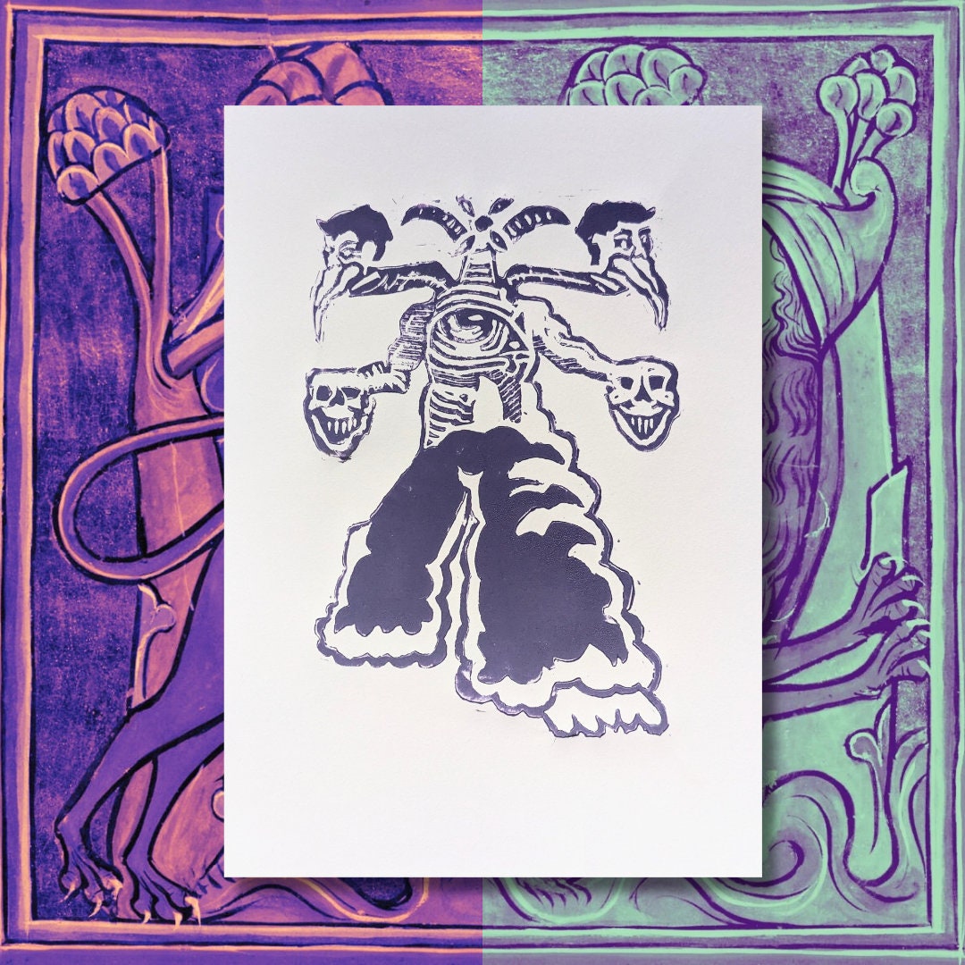 Hybrid Giant A4 Lino-print/folk Horror Cottage Fairy Psychedelic Wicca ...