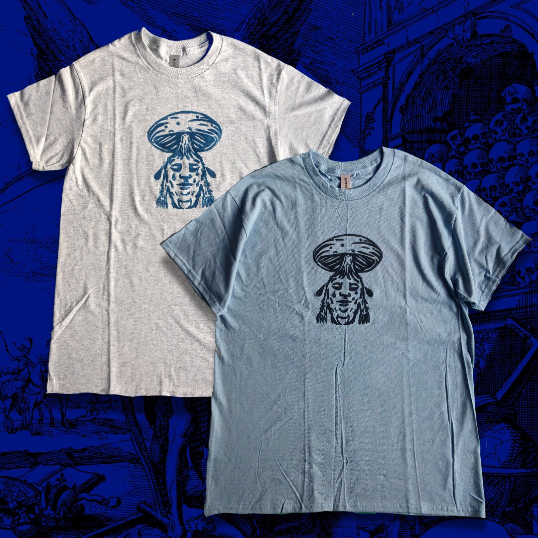 Mushroom Mandrake/ Choose Your Shirt / Blue on Ash Grey or Black on ...